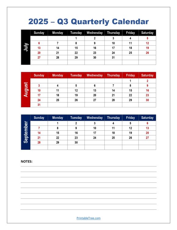 Q3 Quarterly Calendar 2025 Printable PDF Templates