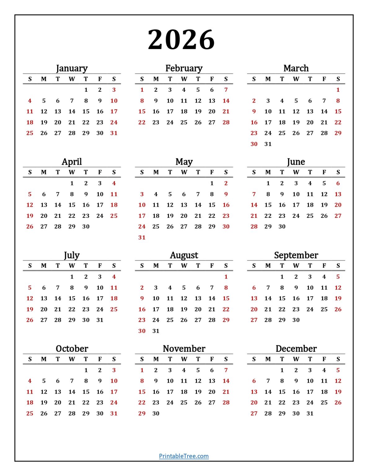 Yearly Calendar 2026 Printable Yearly Calendar 2026 Printable