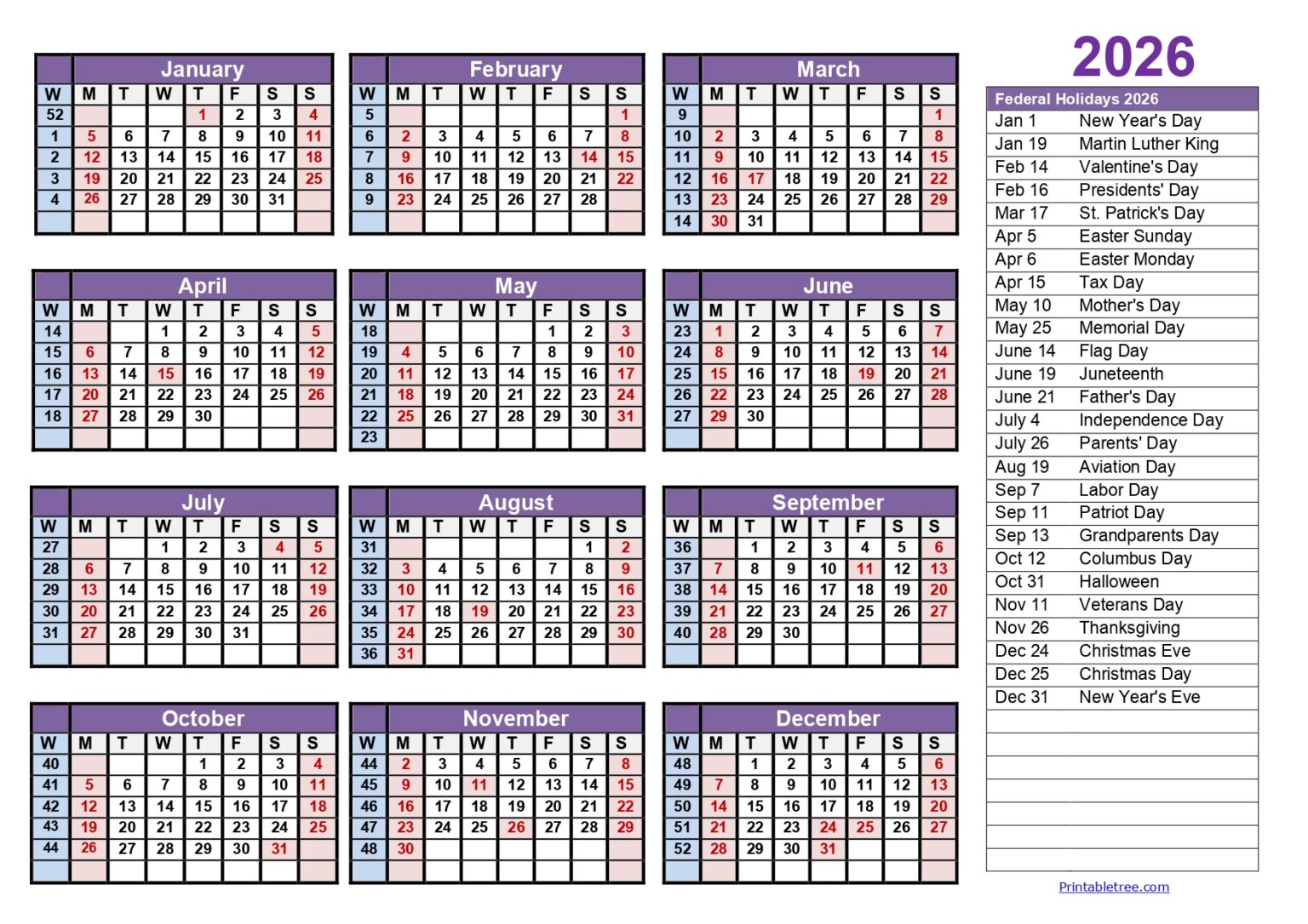Calendar Weeks 2026 - Printable Tree