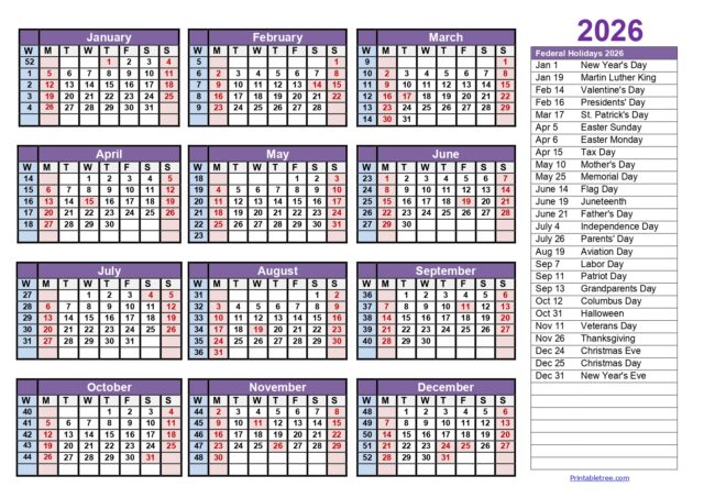 Calendar Weeks 2026 - Printable Tree