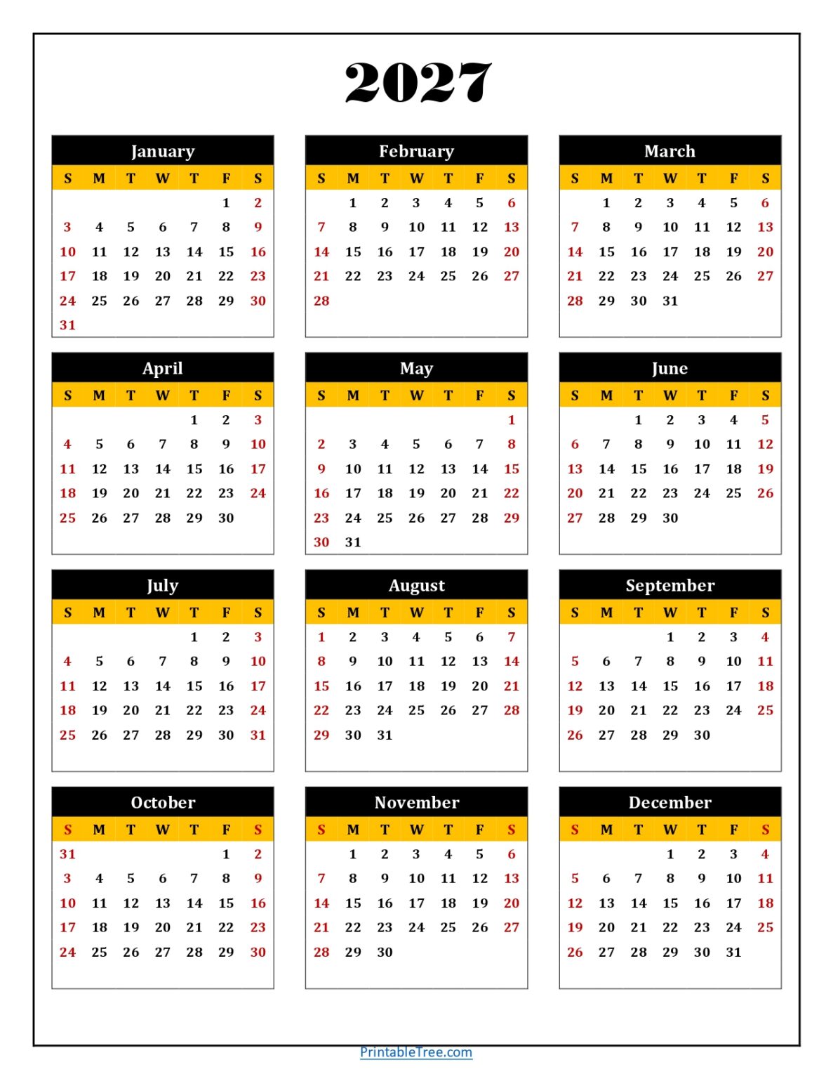 Printable Calendar 2027 One Page with Holidays (Single Page) 2027 ...