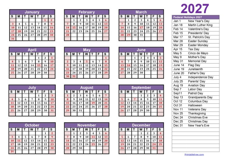 Printable Calendar 2027 One Page with Holidays (Single Page) 2027 ...