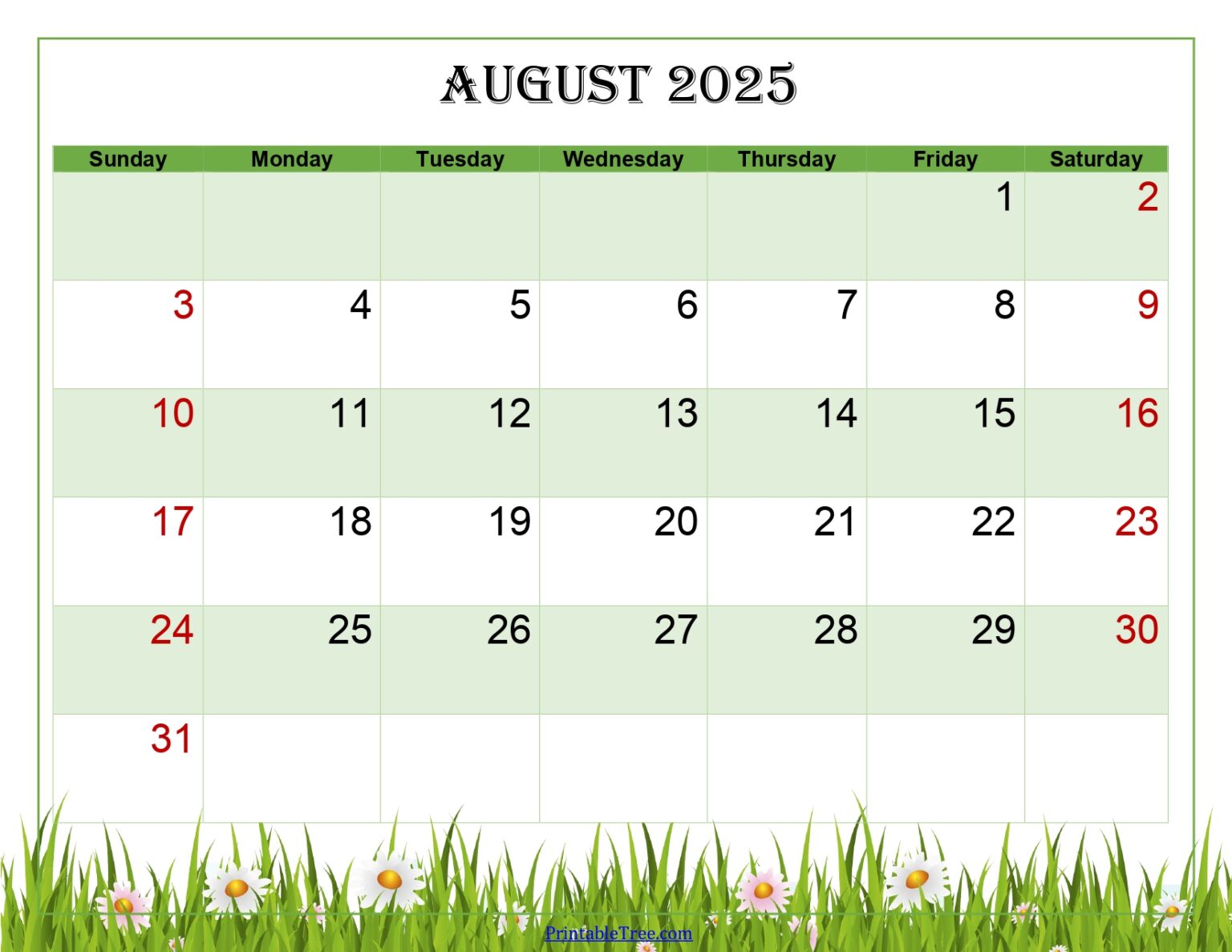 August 2025 Calendar Printable PDF Template with Holidays