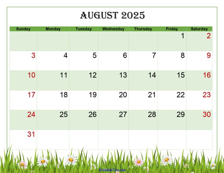August 2025 Calendar Printable PDF Template with Holidays