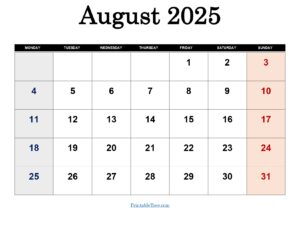 August 2025 Calendar Printable PDF Template with Holidays
