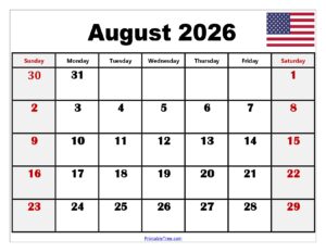 August 2026 Calendar Printable PDF with Holidays Template