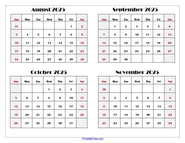 August to November 2025 Calendar Printable PDF | Four Months Calendar