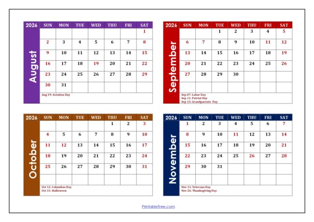 August to November 2026 Calendar Printable PDF | Four Month Calendar