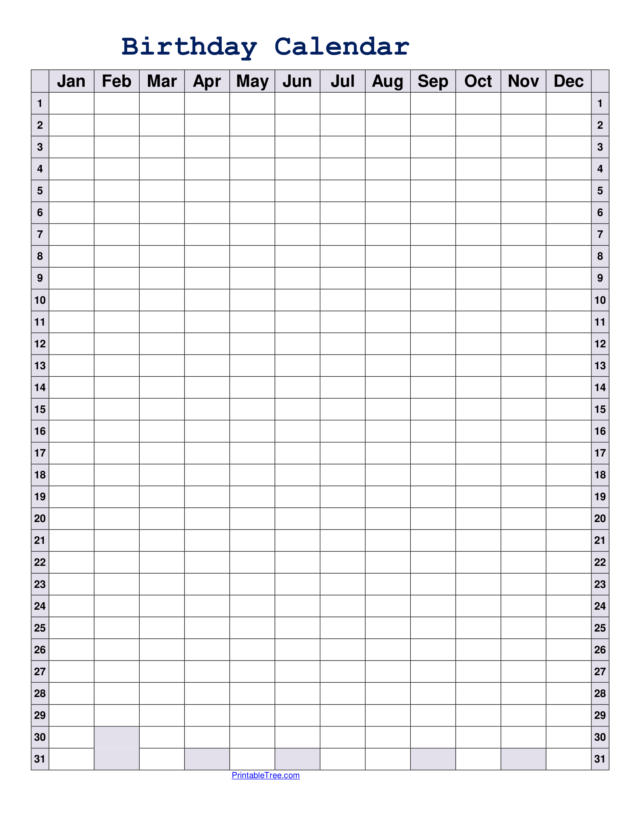 Free Printable Birthday Calendar PDF Templates