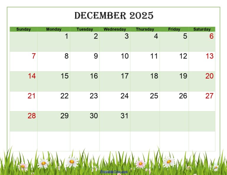 December 2025 Calendar Printable PDF Template with Holidays