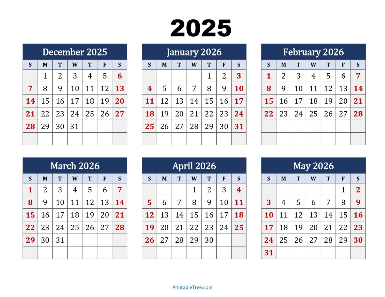 Six Month Calendar 2025-2026 Printable PDF- 6 Months Calendar