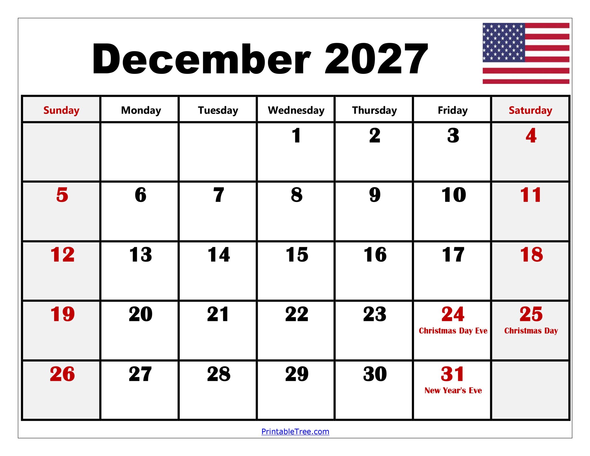 December 2027 Calendar Printable PDF Blank Free templates