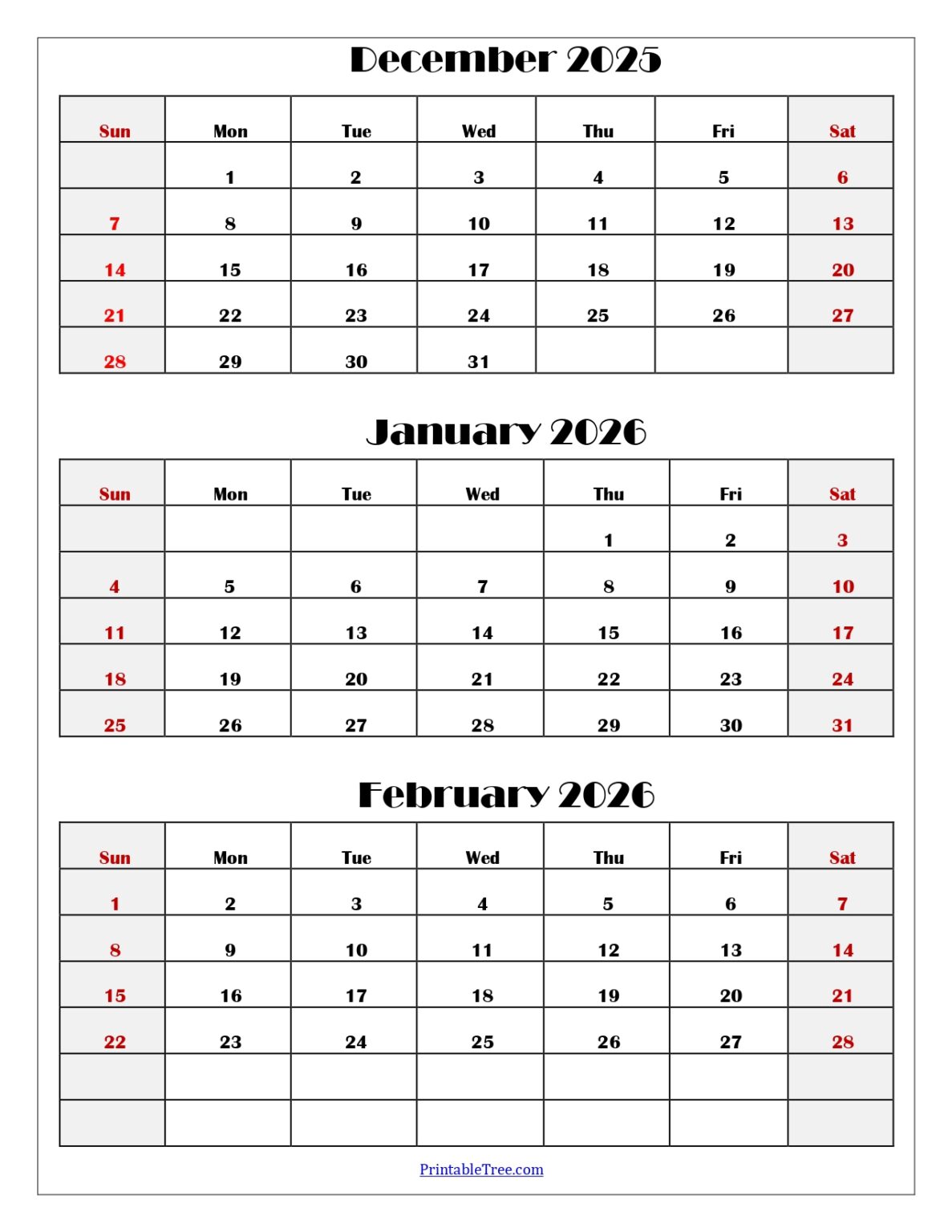Three Months Calendar Printable PDF 2025- 2026