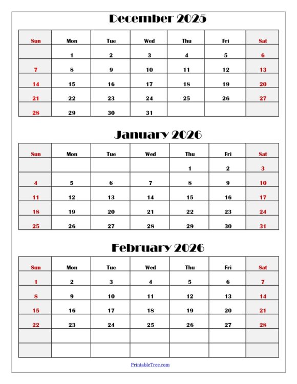 Three Months Calendar Printable PDF 2025- 2026