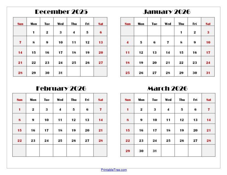 December to March 2026 Calendar Printable PDF | Four Months Calendar