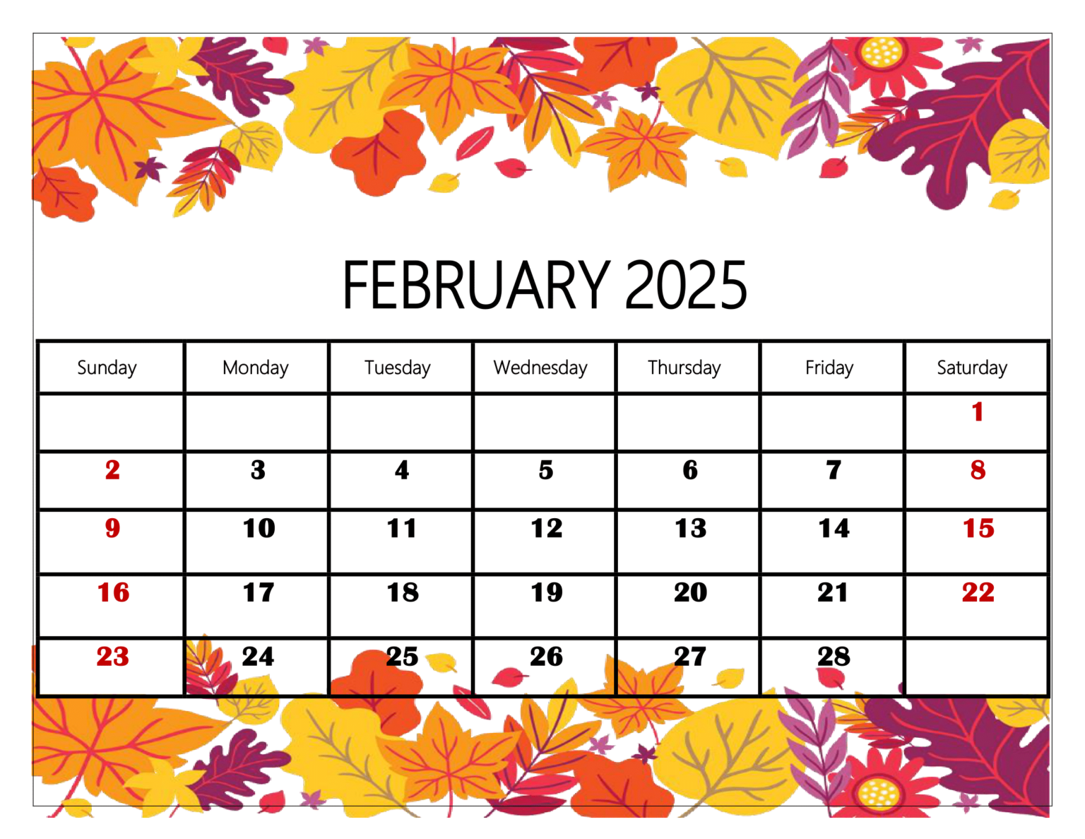 February 2025 Calendar Printable PDF Template with Holidays