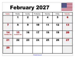 February 2027 Calendar Printable PDF Template With Holidays