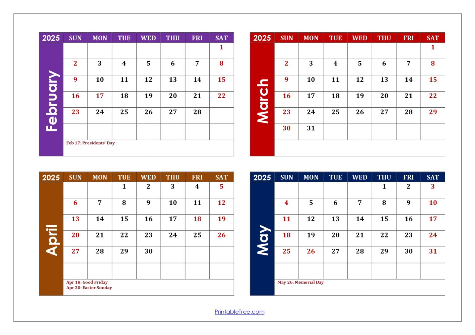 February to May 2025 Calendar Printable PDF | Four Months Calendar