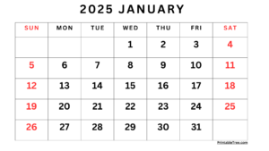 January 2025 Calendar Printable PDF Template with Holidays