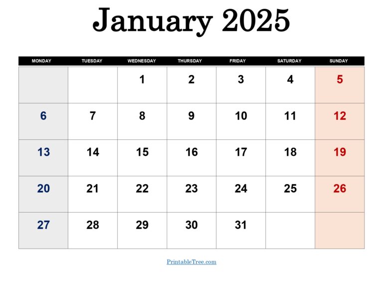 January 2025 Calendar Printable PDF Template with Holidays