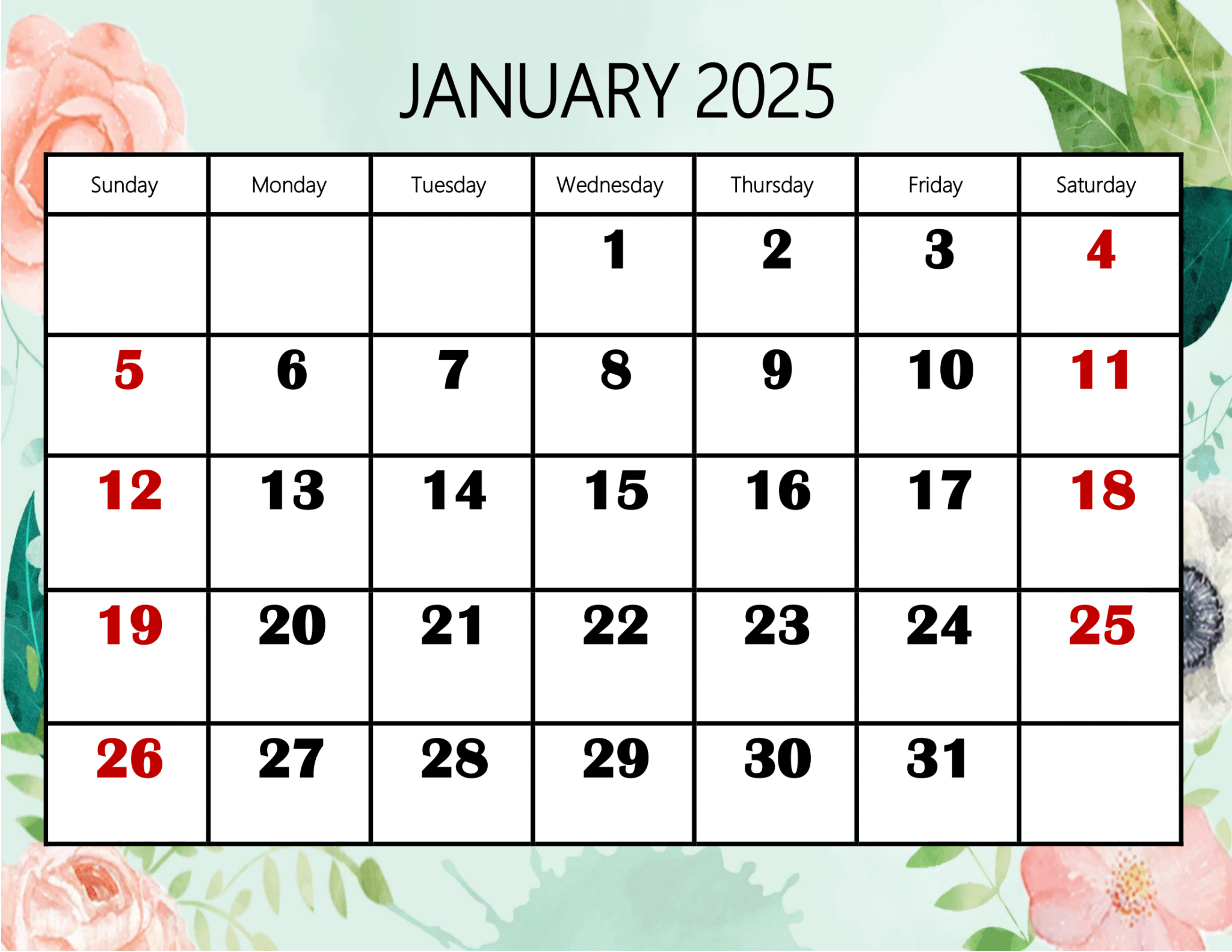 January 2025 Calendar Printable PDF Template With Holidays January 2025 Calendar Printable PDF Template With Holidays