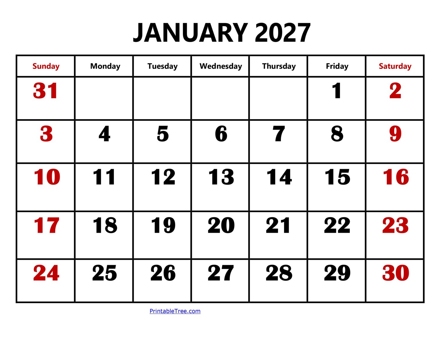 January 2027 Calendar Printable PDF Template with Holidays