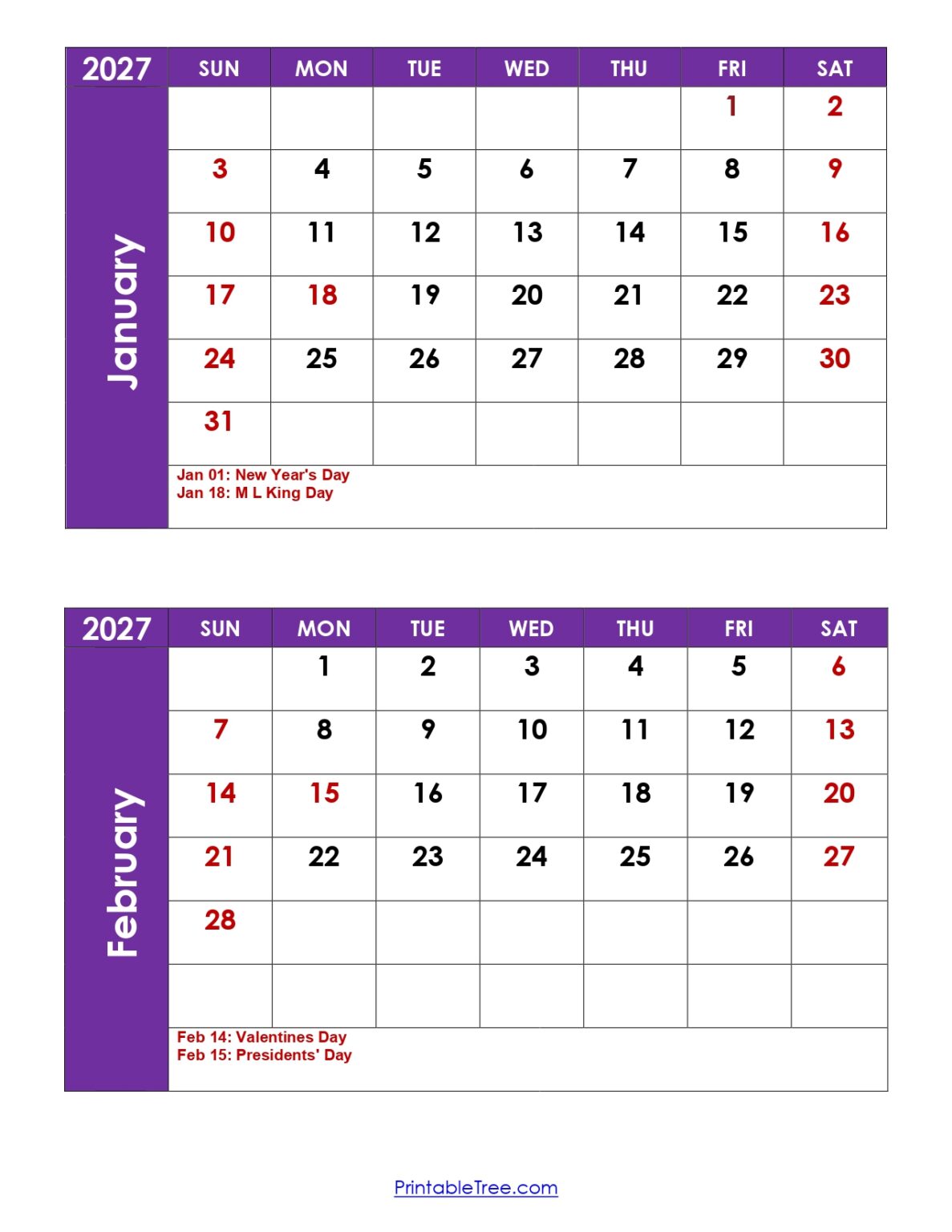 January and February 2027 Calendar | Two Months Calendar