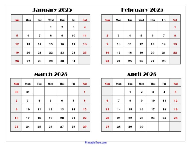 Four Month Calendars 2024 and 2025 Printable PDF- 4 months calendar one ...
