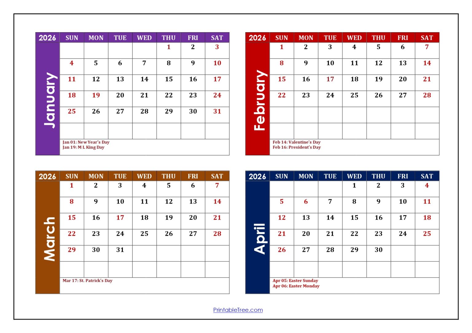 January to April 2026 Calendar Printable PDF | Four Months Calendar