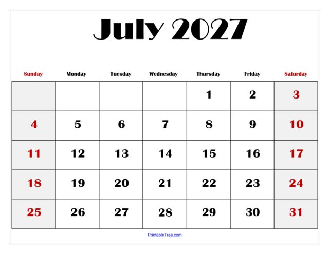 July 2027 Calendar Printable PDF with Holidays Free Template