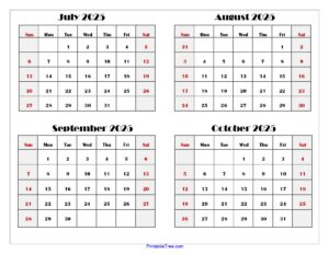 July to October 2025 Calendar Printable PDF | Four Months Calendar