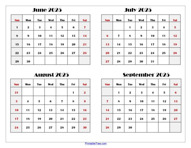 June to September 2025 Calendar Printable PDF | Four Months Calendar