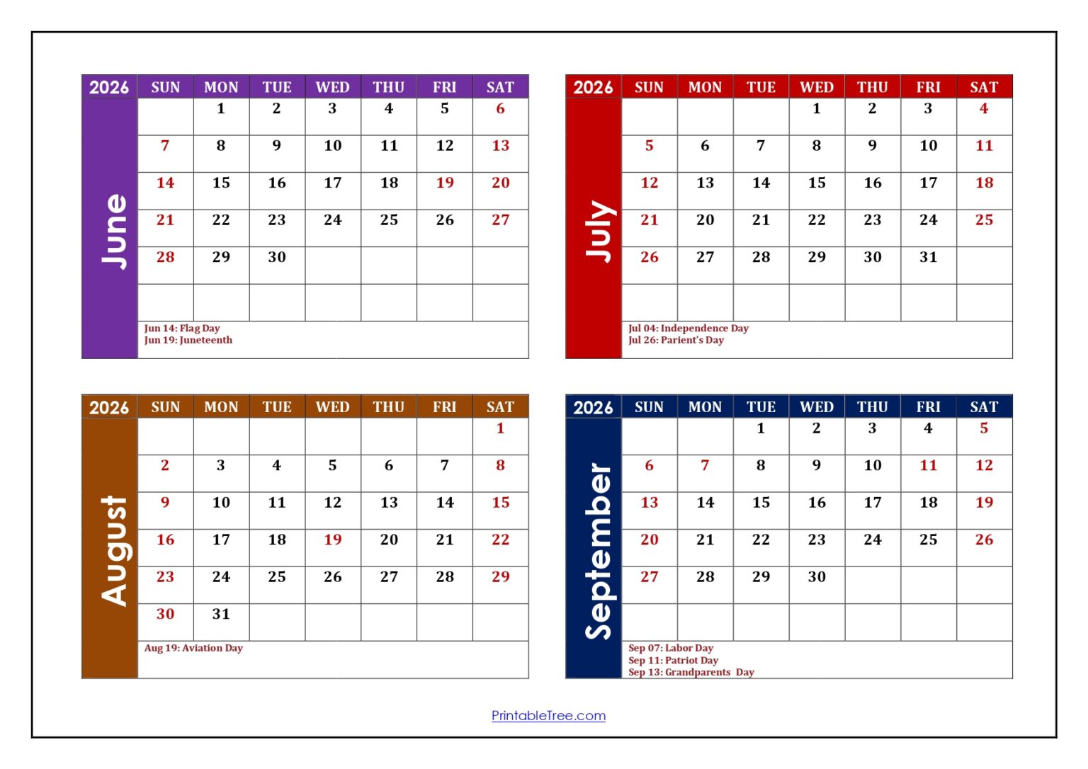 June to September 2026 Calendar Printable PDF | Four Month Calendar