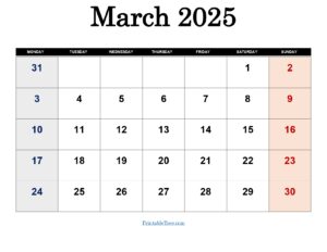 March 2025 Calendar Printable PDF Template with Holidays