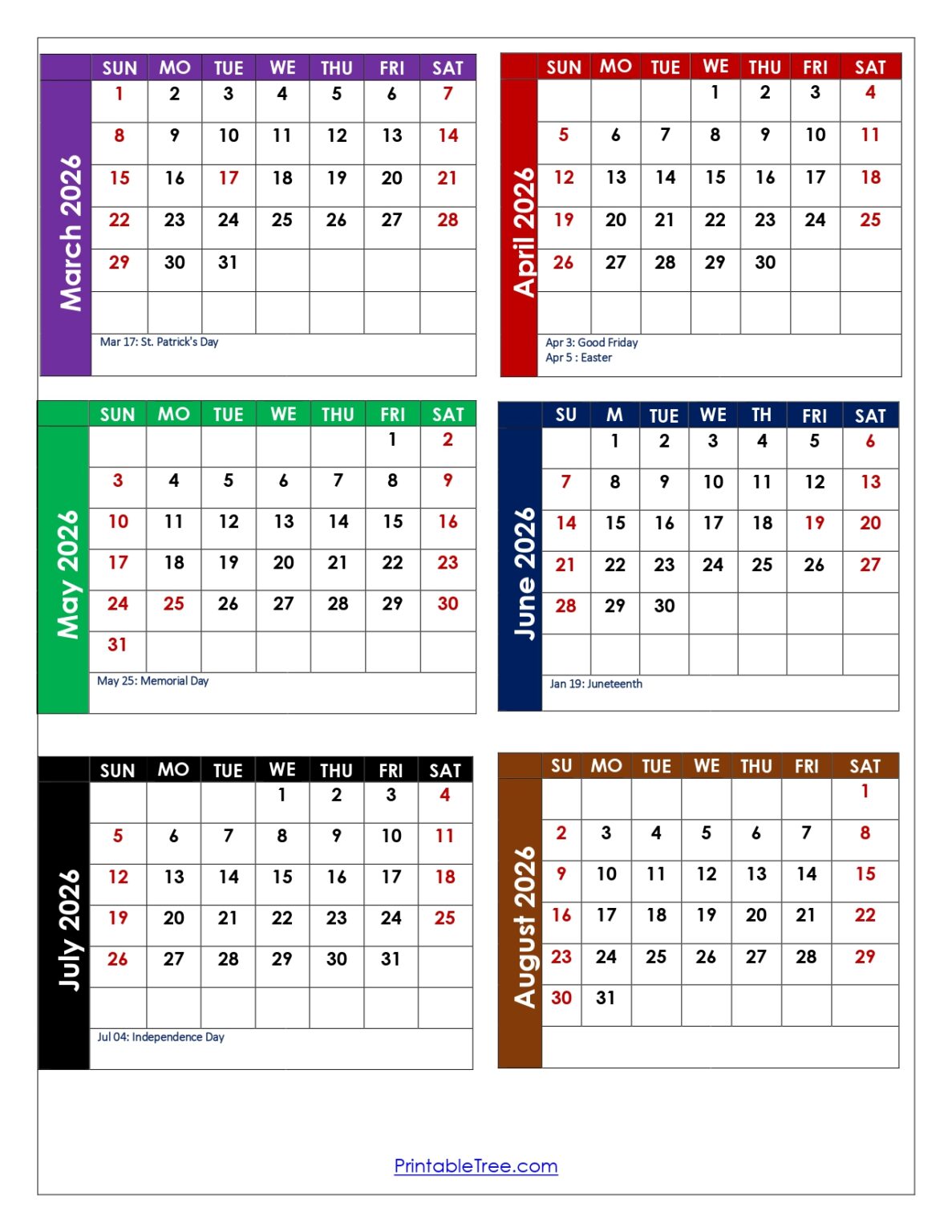 March to August 2026 Calendar Printable PDF | 6 Month Calendar