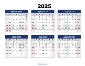 March to August 2025 Calendar Printable PDF | Six Months Calendar