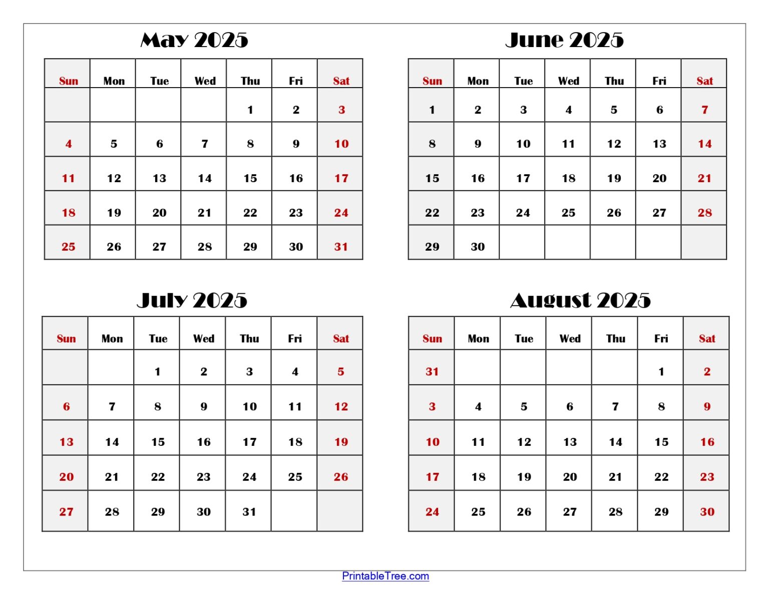 Four Month Calendars 2024 and 2025 Printable PDF- 4 months calendar one ...