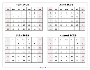 May to August 2025 Calendar Printable PDF | Four Months Calendar