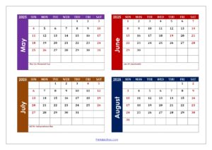 May to August 2025 Calendar Printable PDF | Four Months Calendar
