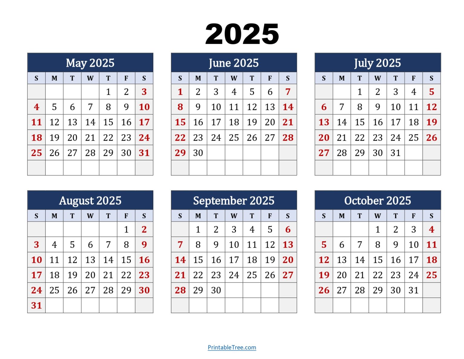 May to October 2025 Calendar Printable PDF | Six Months Calendar
