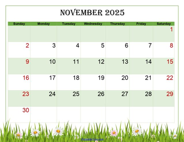 November 2025 Calendar Printable PDF Template with Holidays