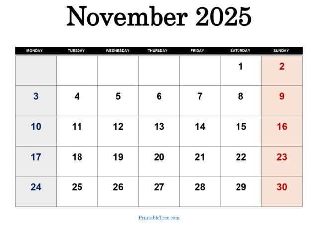 November 2025 Calendar Printable PDF Template with Holidays