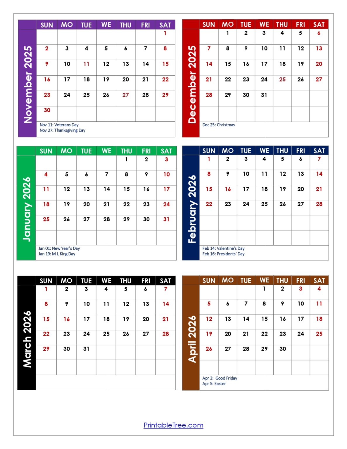 November to April 2026 Calendar Printable PDF | Six Months Calendar