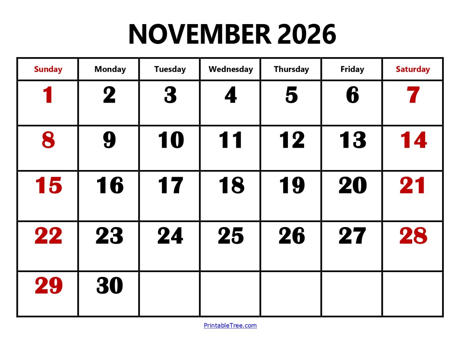 Free November 2026 Calendar Printable PDF with Holidays Templates