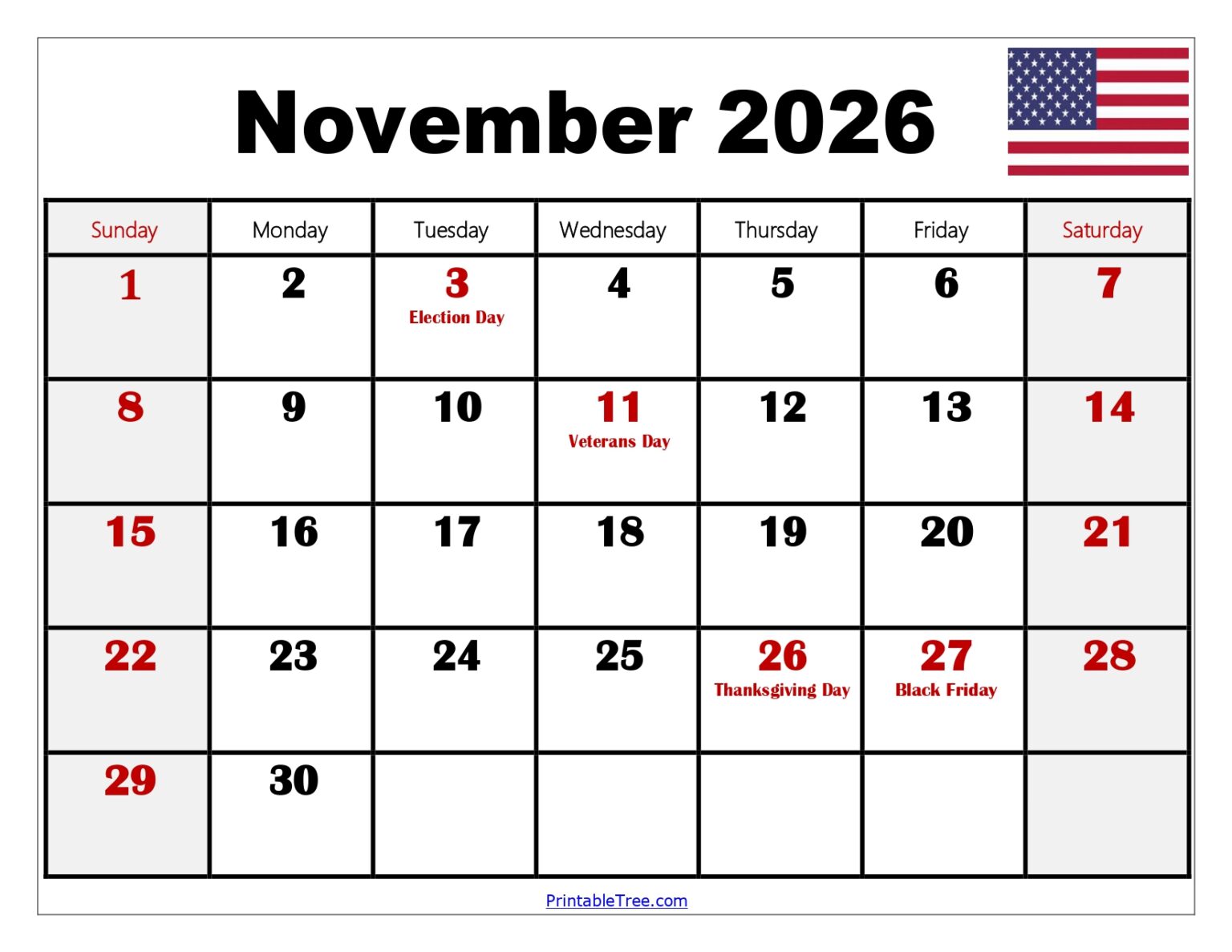 Free November 2026 Calendar Printable PDF with Holidays Templates