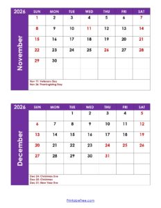 November and December 2026 Calendar Printable PDF | 2 Month Calendar ...