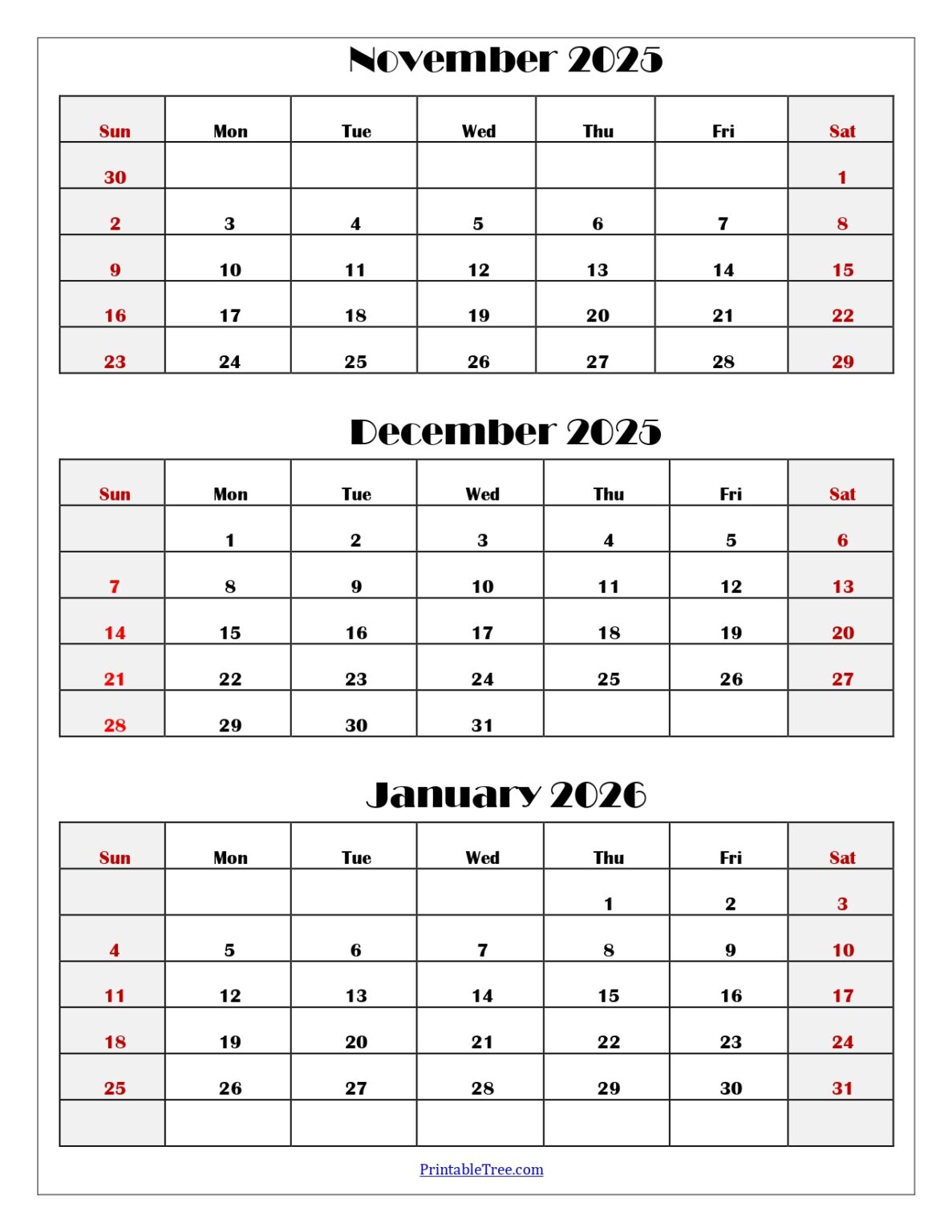 Three Months Calendar Printable PDF 2025- 2026