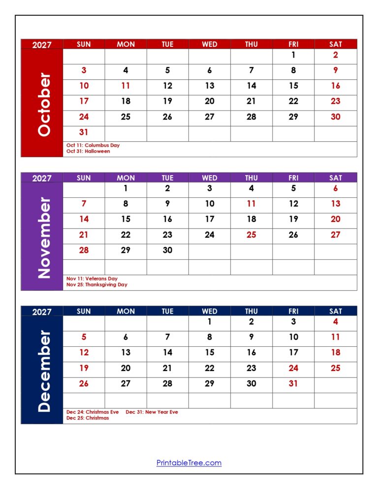 October to December 202 Calendar Printable PDF | Three Months Calendar