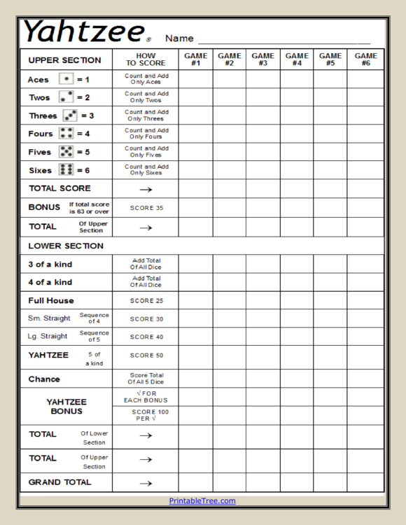Free Printable Yahtzee Score Card Sheets PDF Templates