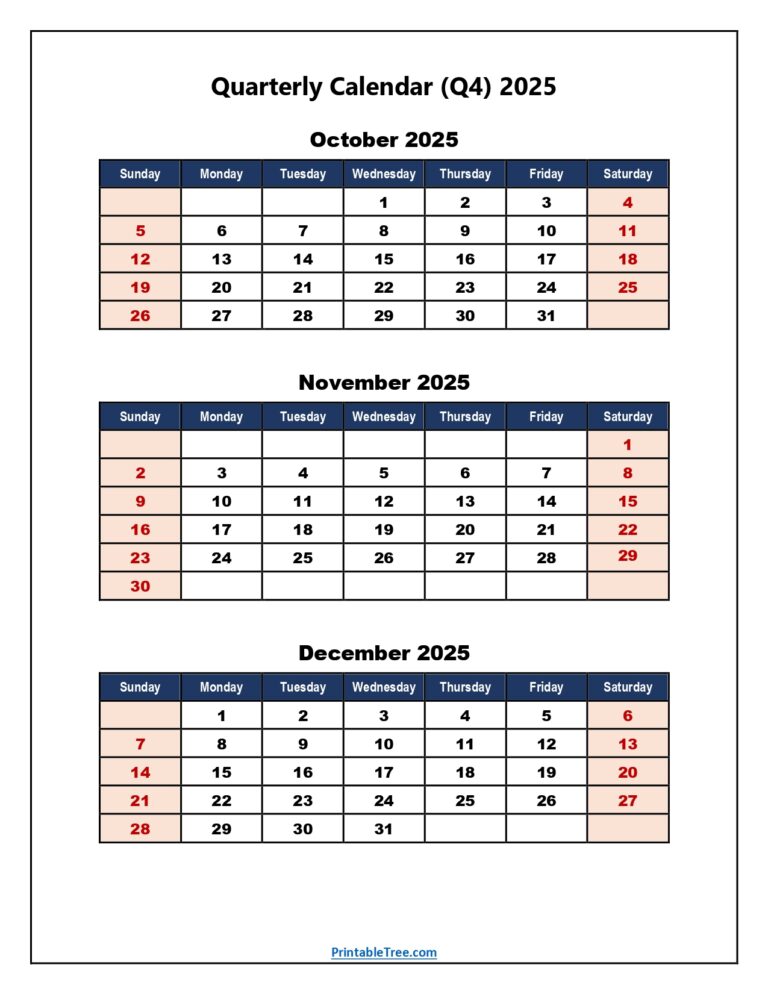 Q4 Quarterly Calendar 2025 Printable PDF Templates